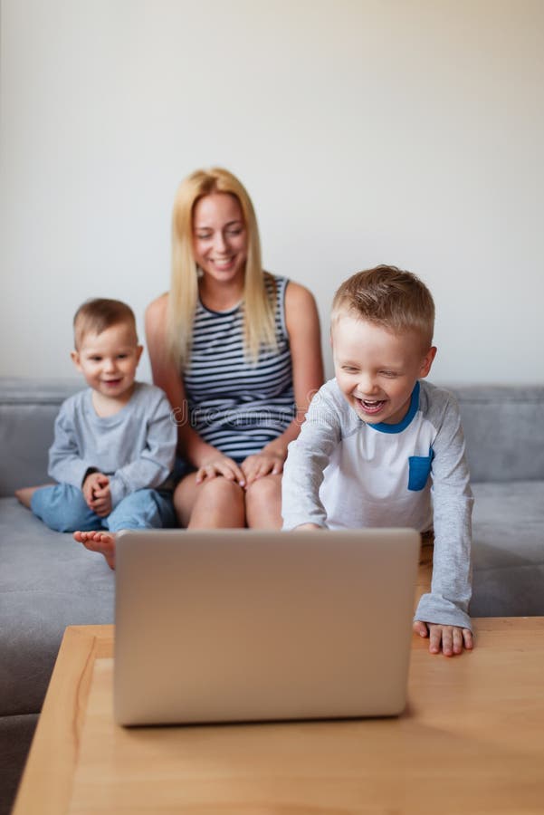 Family of Three Using Laptop Video Call Camera Stock Image - Image of ...