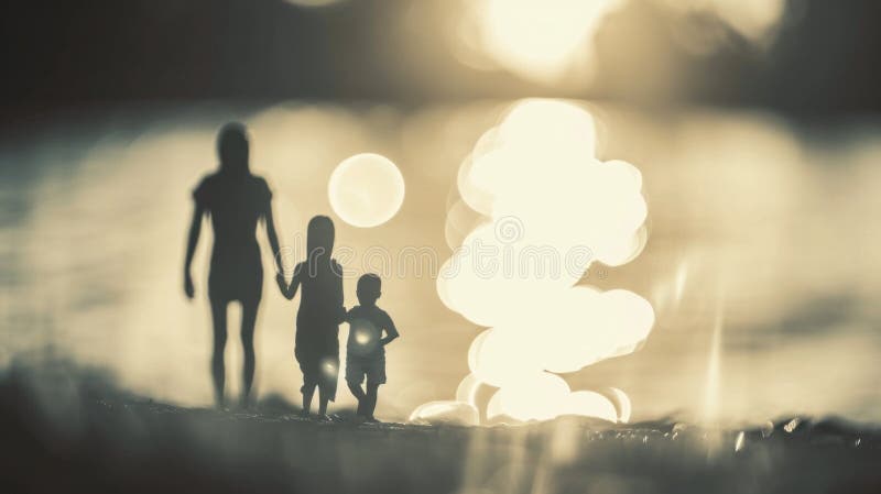 A Family of Three Walking on a Beach with the Sun Behind Them, AI Stock ...