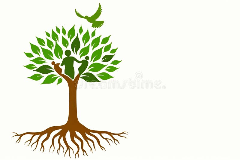 Family Tree Concept with Human Figures and Bird in Green Leaf Design ...