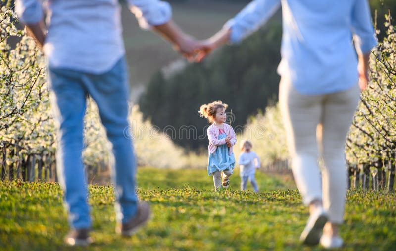 Family with Two Small Children on Walk Outdoors in Orchard in Spring ...
