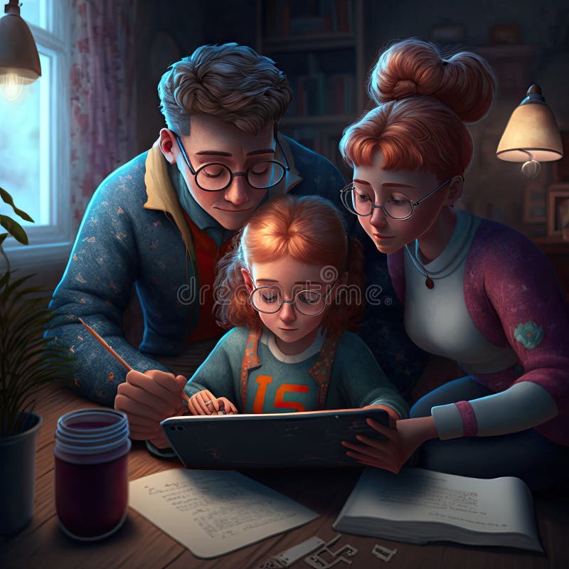 Family Using a Digital Tablet in the Evening. 3D Rendering. Create with ...