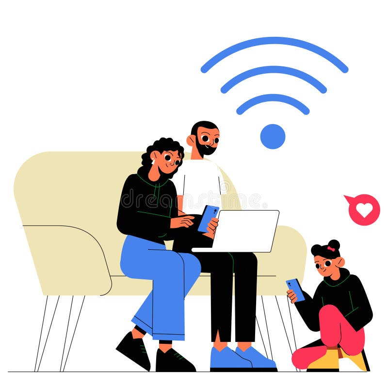 Family Using Internet Devices with WiFi Symbol in Flat Vector ...