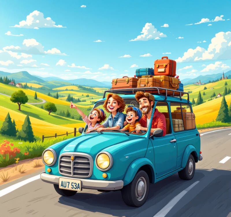 Family on Vacation with a Car Stock Illustration - Illustration of ...