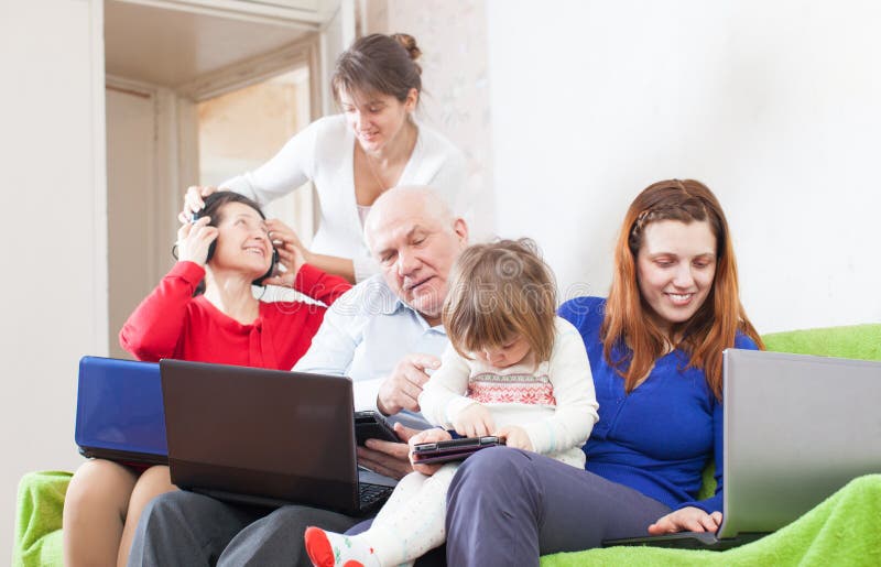 Family of with Various Portable Computers Stock Photo - Image of happy ...