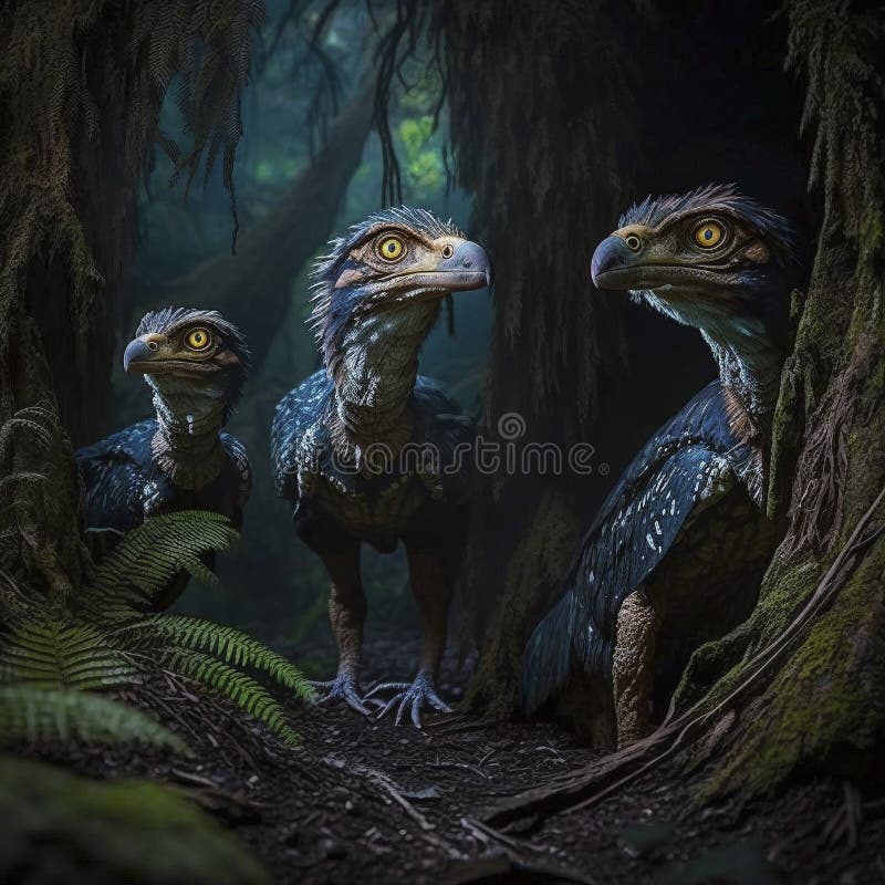A Family of Velociraptors Stalking through the Forest Stock ...