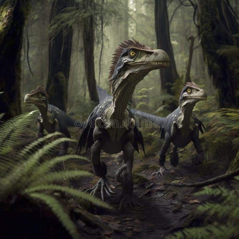 A Family of Velociraptors Stalking through the Forest Stock ...