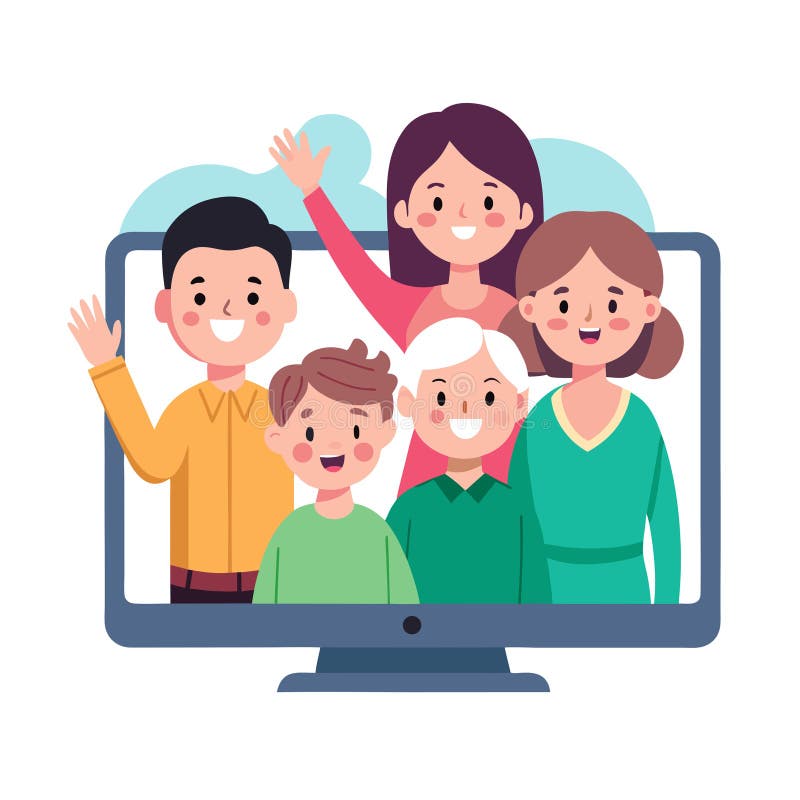 Family Video Call: Happy Family on Computer Screen Waving Hello Stock ...