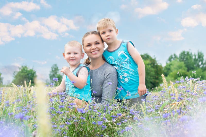 Family Walk in the Cornflower Field Stock Image - Image of emotion ...
