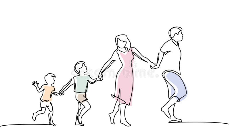 Family Walk Together Holding Hands. Continuous One Line Drawing Stock ...