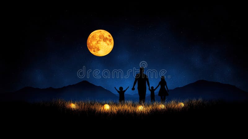 Family Walking in a Field Under the Glowing Moonlight Stock ...