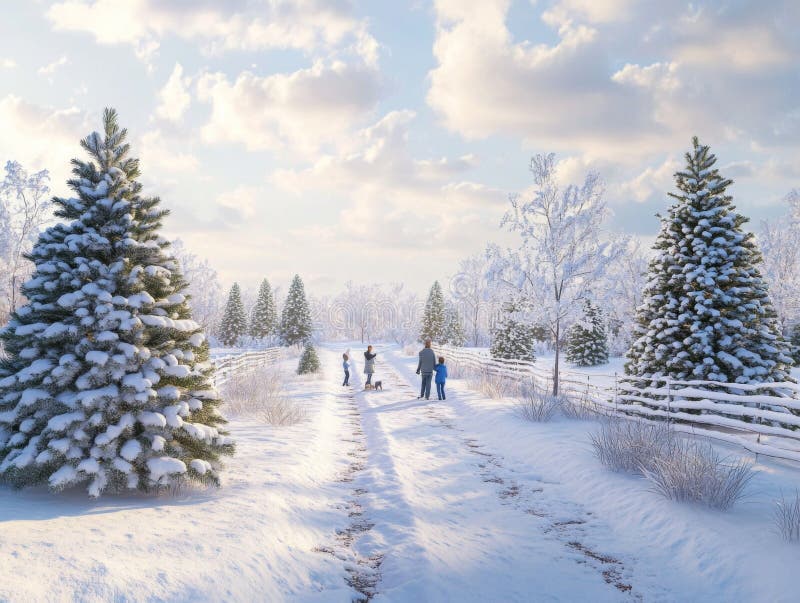 Family Walking on a Snowy Path in a Winter Forest Stock Illustration ...