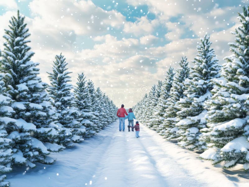 Family Walking through Snowy Pine Tree Forest Stock Illustration ...