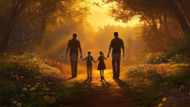 Family Walking Sunset Forest Illustration Stock Image - Image of golden ...