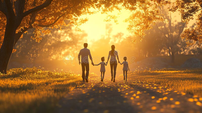 Family Walking Sunset Path 3D Illustration Stock Illustration ...