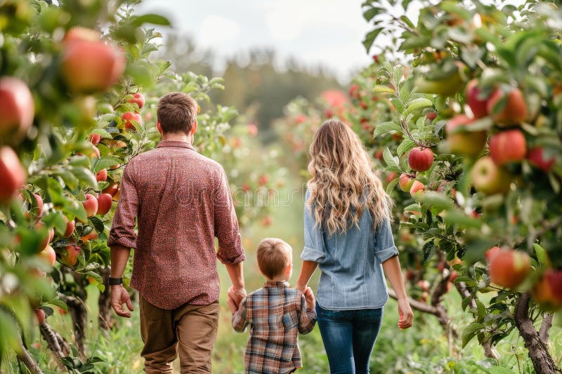 A Family Walks Hand in Hand through an Apple Orchard, Family Walking through an Apple Orchard ...