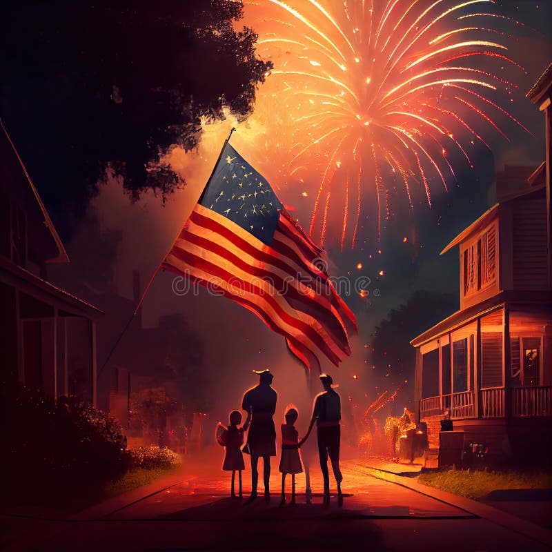 A Family Watching a Fireworks Display with an American Stock ...