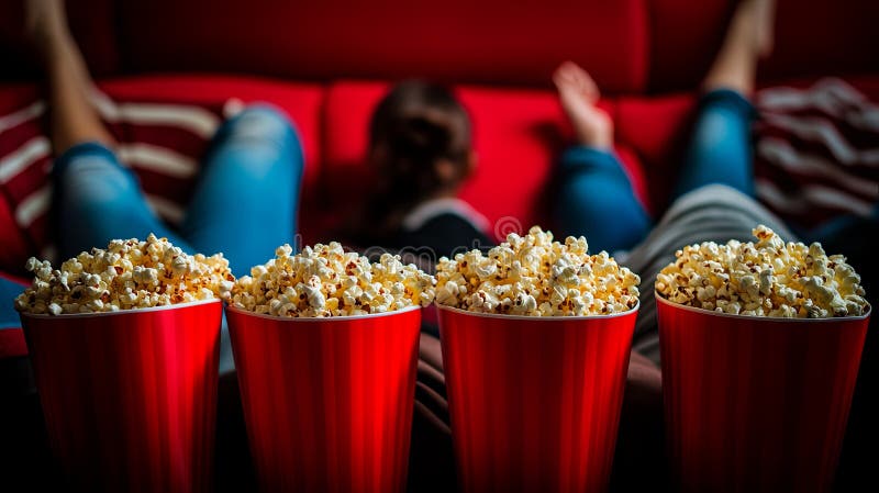 Family Watching Movie on Sofa with Popcorn. Stock Illustration ...
