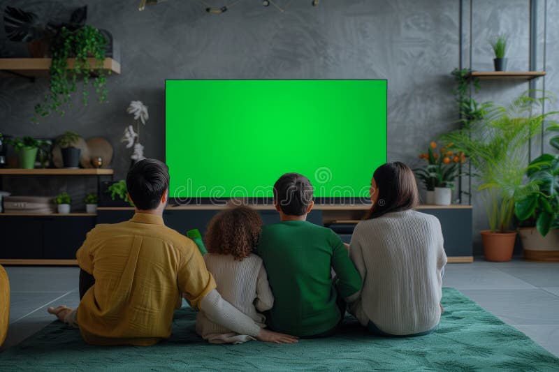 Family Watching TV with Green Screen Mock Up Stock Illustration ...