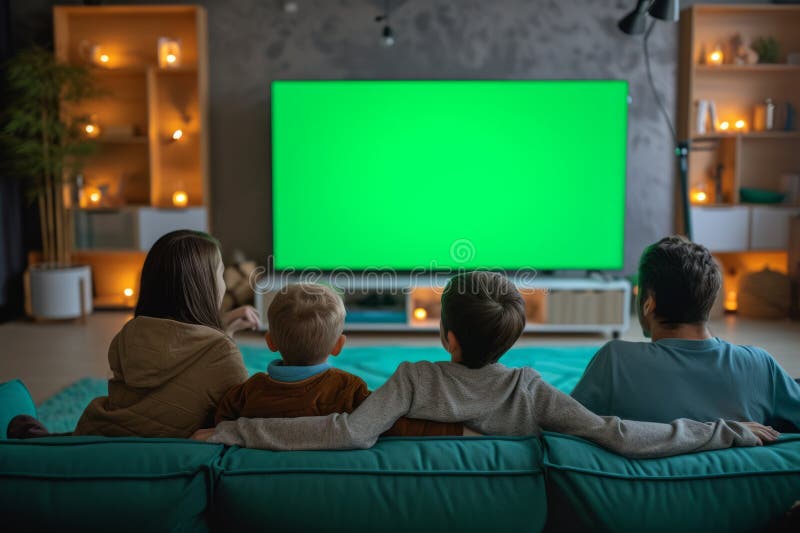 Family Watching TV with Green Screen Mock Up Stock Illustration ...