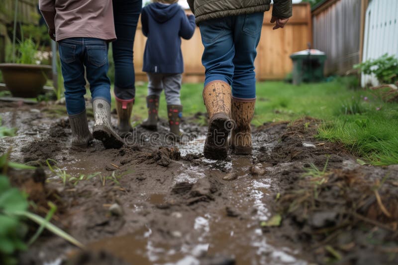 Family Wearing Boots Walking through Muddy Backyard Stock Image - Image ...