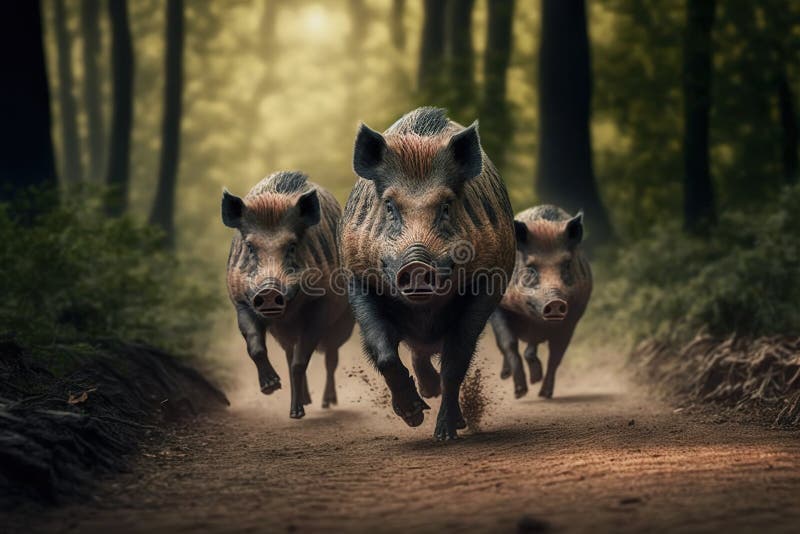 Family of Wild Boars Running in Forest. Generative AI Stock ...