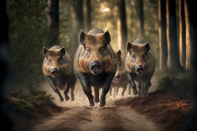 Family of Wild Boars Running in Forest. Generative AI Stock ...