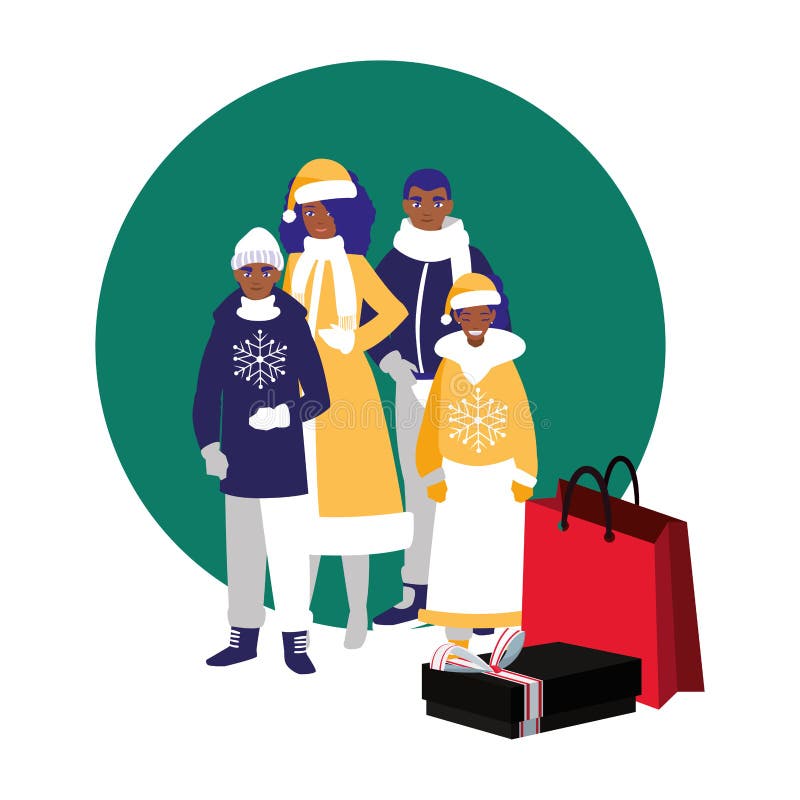 Family with Winter Clothes and Christmas Gift Box Stock Vector ...