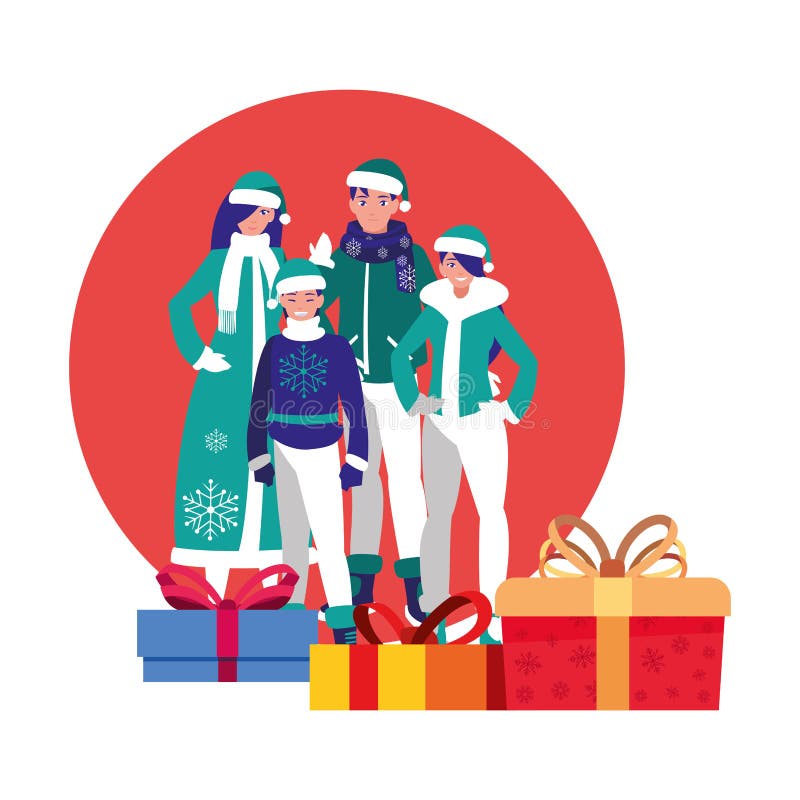 Family with Winter Clothes and Christmas Gift Box Stock Vector ...