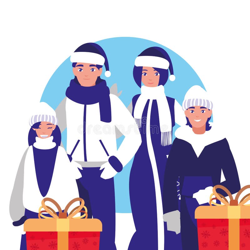 Family with Winter Clothes and Christmas Gift Box Stock Vector ...