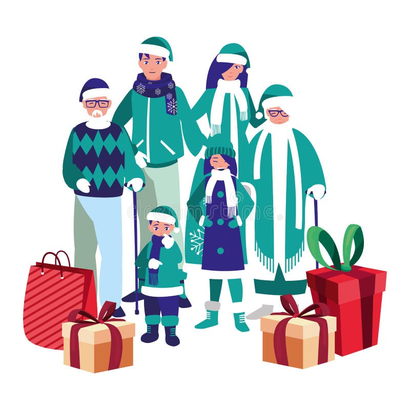 Family with Winter Clothes and Christmas Gift Box Stock Vector ...
