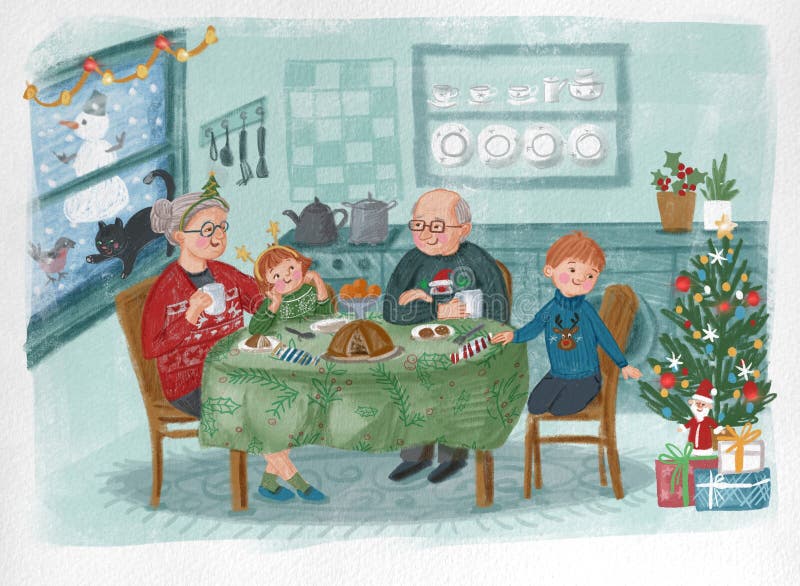 Big Family at Christmas Having Tea Time Stock Illustration ...