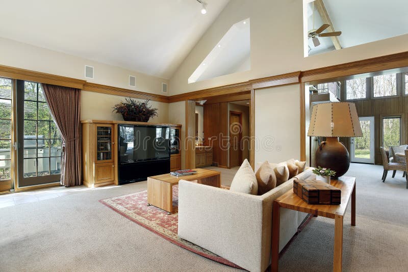 Living Room with Brick Fireplace and Carpet. Stock Photo - Image of ...