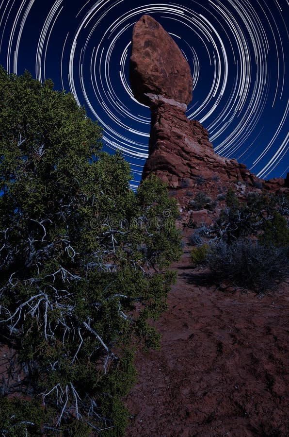 Balanced Rock at Night with Star Trails Stock Photo - Image of balance ...