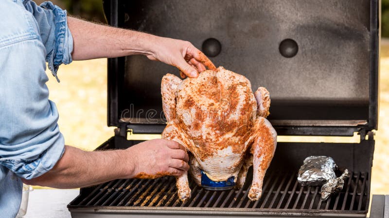 Famous Beer Can Turkey on a BBQ Stock Photo - Image of grill, food ...