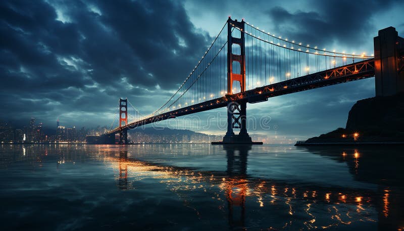 Famous Bridge Reflects City Skyline in Tranquil Waterfront Dusk ...