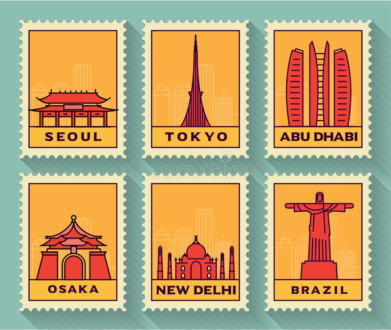 Famous Cities Stamp Collection Stock Vector - Illustration of modern ...