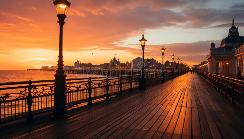 Famous City Skyline Illuminated by Sunset, Reflecting on Water ...