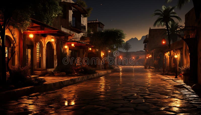 Famous City Street Illuminated by Street Lights at Dusk Generated by AI ...