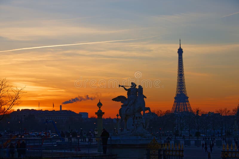 The Famous Concorde Square at Sunset with Eiffel Tower in the ...