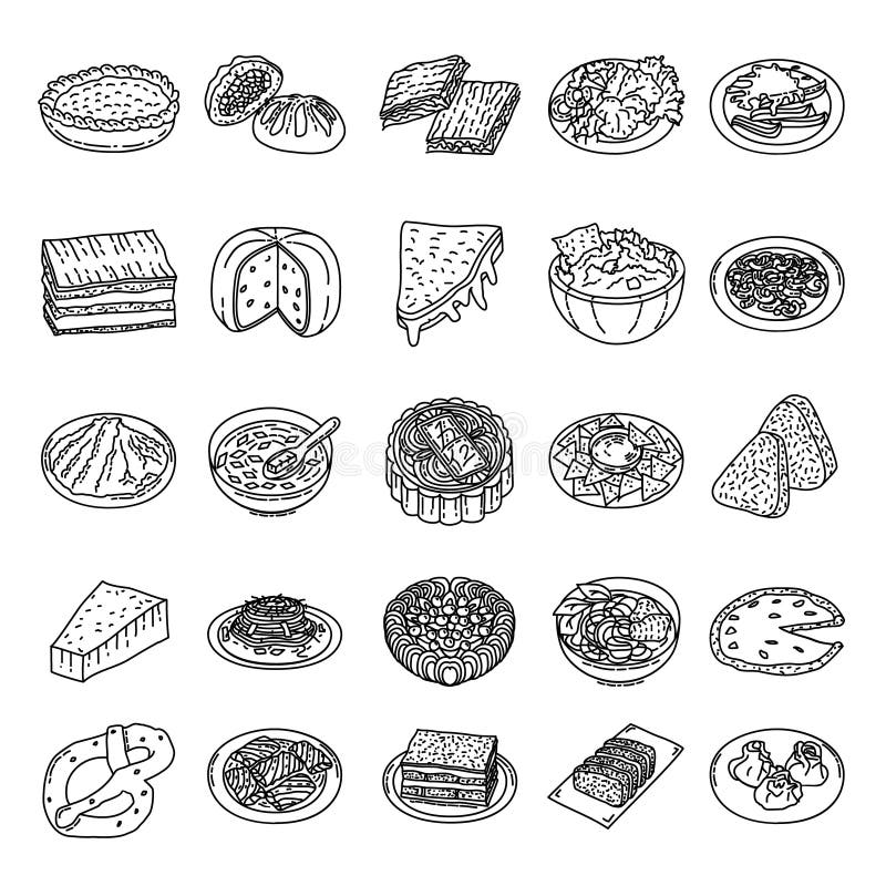 Famous Foods Set Icon Vector. Doodle Hand Drawn or Outline Icon Style ...