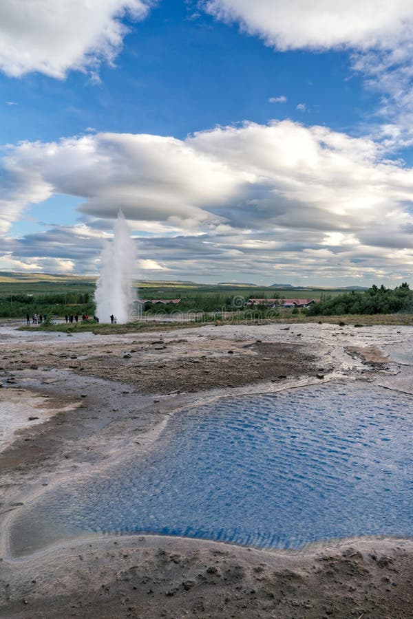 Famous Strokkur Fountain Geyser Hot Blue Water Eruption With Cloud Sky ...