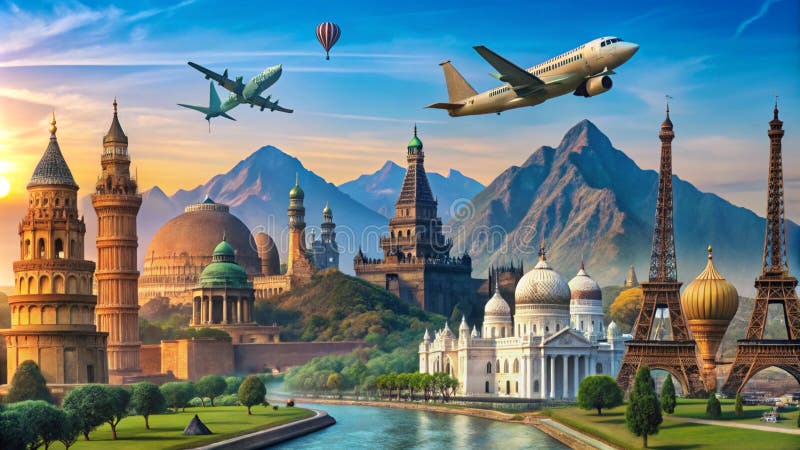 Famous Landmarks of the World with Airplanes Flying Over a Mountain ...