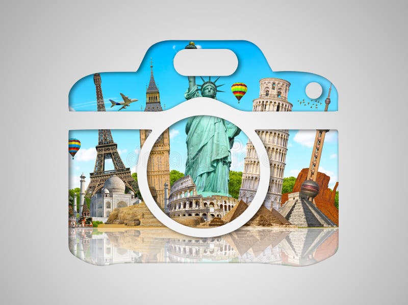 Famous Monuments of the World in a Camera Icon Stock Illustration ...
