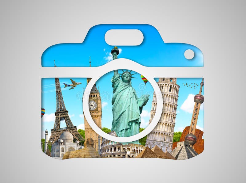 Famous Monuments of the World in a Camera Icon Stock Illustration ...