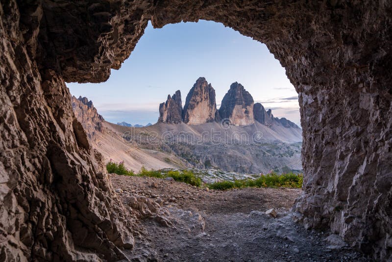 Famous Mountains Three Peaks in the Dolomites from a Cave during Sunset ...