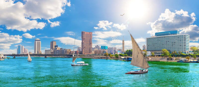 Famous Nile River View, Boats and Skyline of Cairo, Egypt Stock Image ...