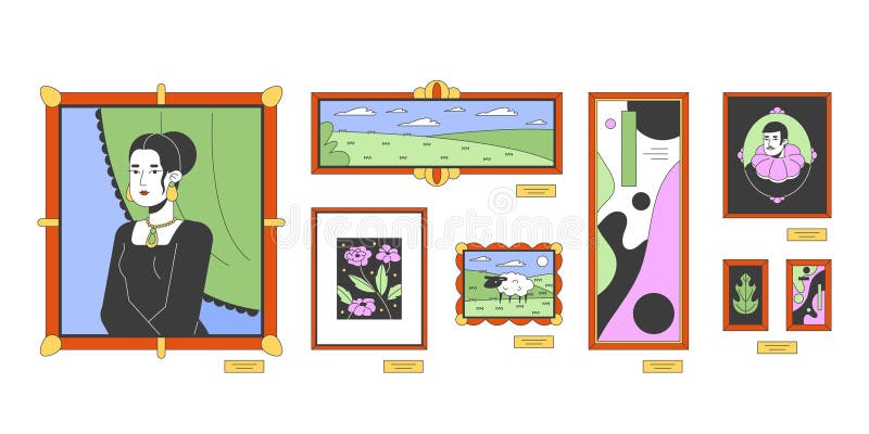 Famous Paintings for Art Gallery 2D Linear Cartoon Objects Set Stock ...