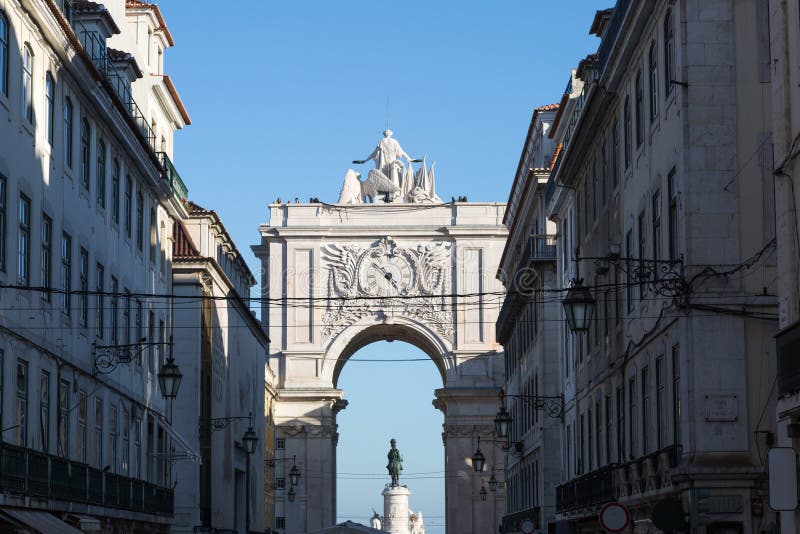 Rua Augusta Arch in Lisbon, Portugal Stock Image - Image of statue ...