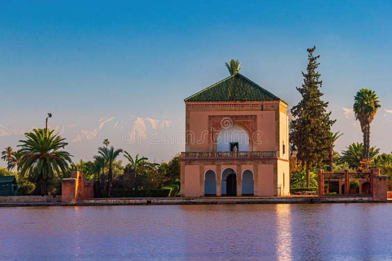 Saadian Pavillon at Menara Gardens with Atlas Mountains in Marrakech ... Saadian Pavillon at Menara Gardens with Atlas Mountains in Marrakech ...