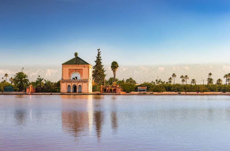 Saadian Pavillon at Menara Gardens with Atlas Mountains in Marrakech ... Saadian Pavillon at Menara Gardens with Atlas Mountains in Marrakech ...